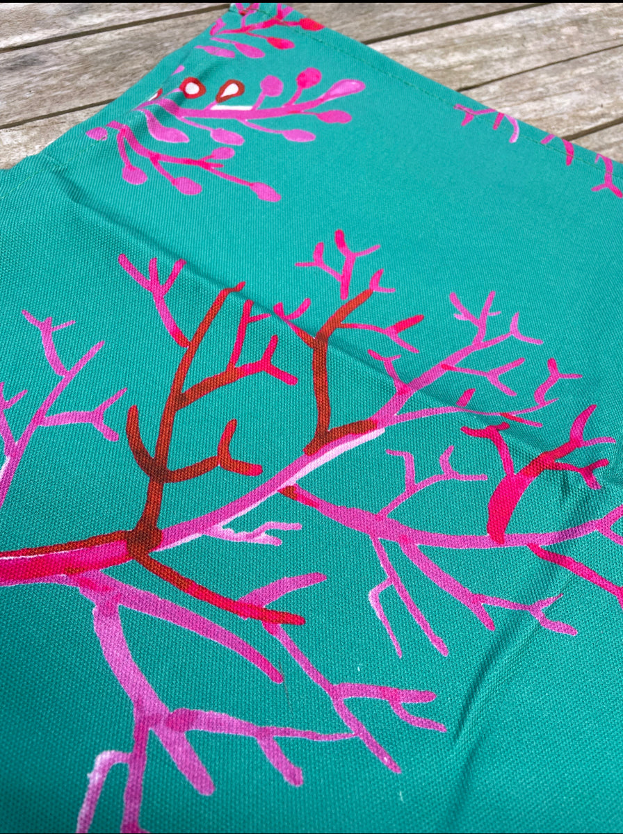 Oh SO bright coral tea towel – Indigo Prawn