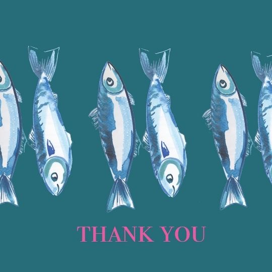 Quirky, bright fish thank you greetings card made in UK Indigo Prawn