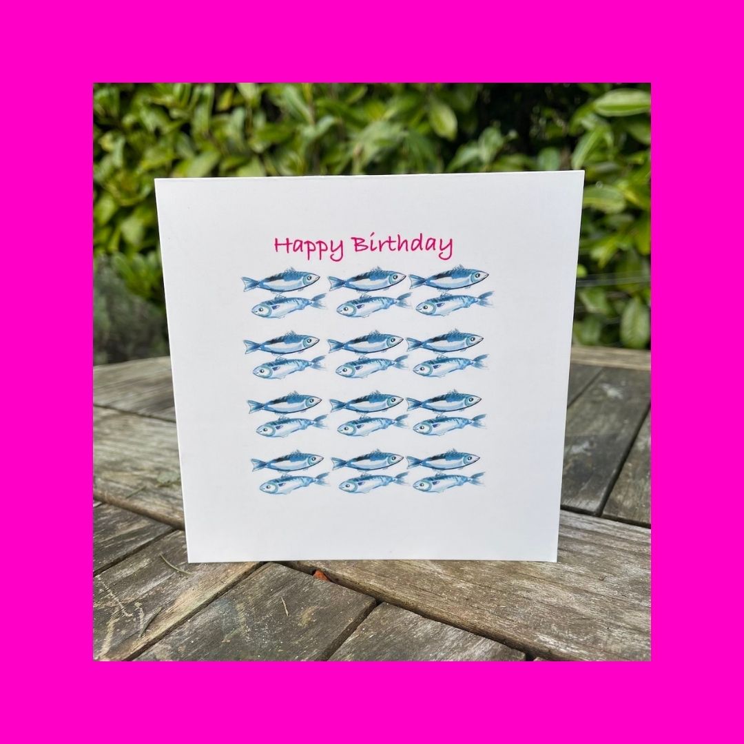 Happy Birthday Fish greetings card, made in UK Indigo Prawn