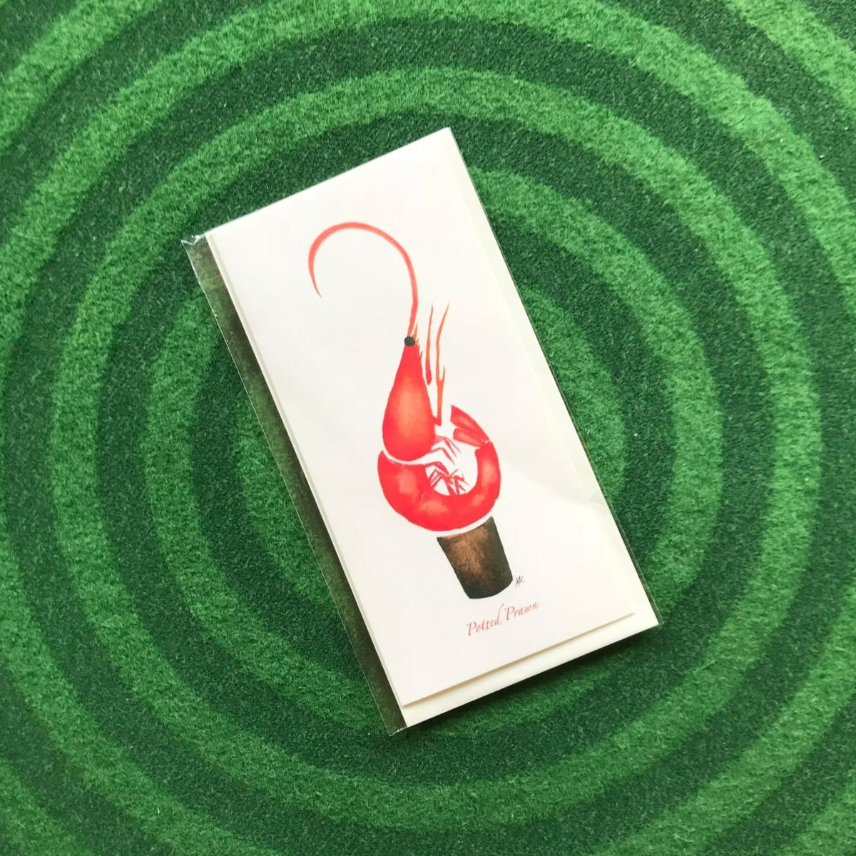 Brilliant, quirky Red Potted Prawn greeting card printed in Uk Indigo Prawn